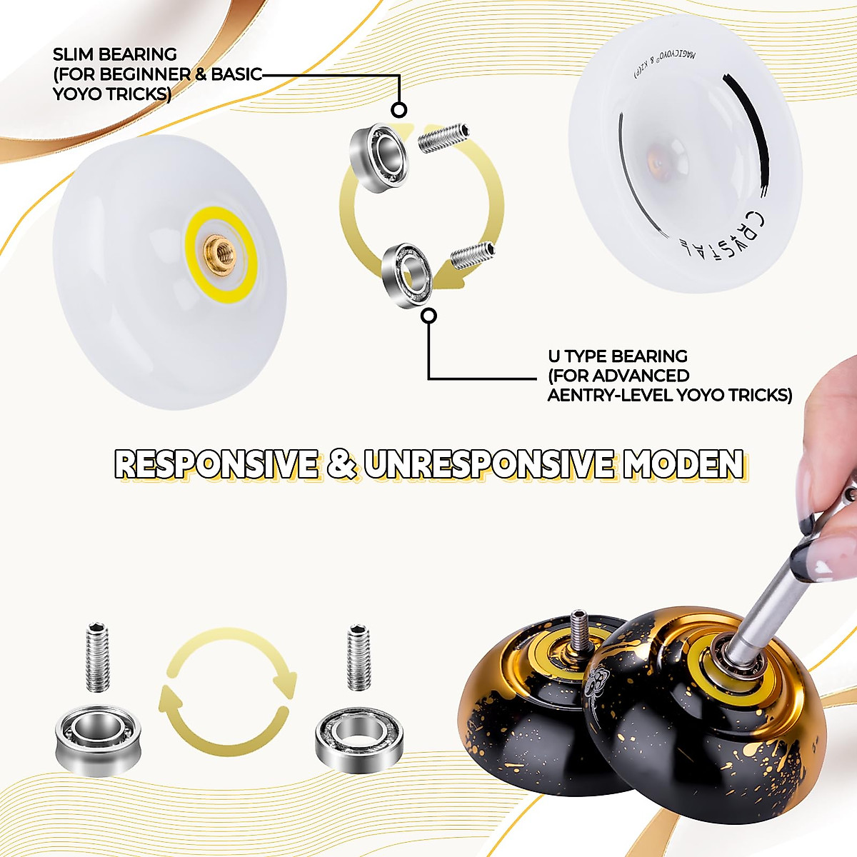 MAGICYOYO Pack of 2 Responsive Yoyos - N11 Black Golden Yoyo and K2 Snow White Fingerspin Yoyo for Kids Beginners, Dual Purpose Yoyos with Unresponsive Yoyo Bearings Kit, 2 Yoyo Bags, 12 Yoyo Strings