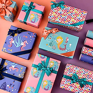 MAMUNU Gift Wrapping Paper Set Girls, 8 Sheets Mermaid Wrapping Paper with Stickers, Colorful Pink Kraft Wrapping Paper for Girls Women Kids Birthday Baby Shower Holiday Party, 20x27 Inch Per Sheet