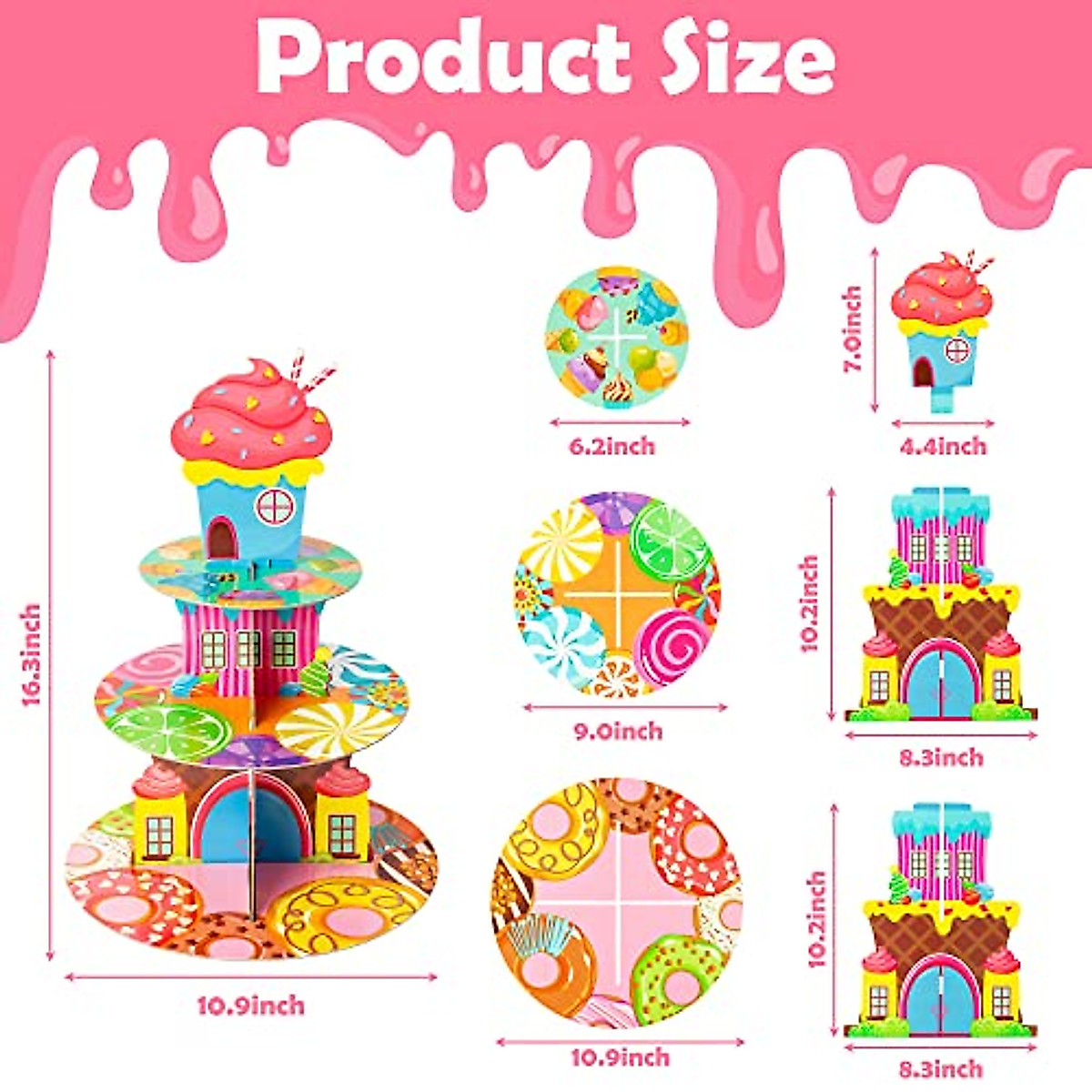 AwserTantue Candyland Cupcake Stand Decorations, 3 Tier Sweet Candy Cupcake Tower Cardboard Candy Donut Lollipop Ice Cream Dessert Holder for Girls Themed Birthday Party Baby Shower Table Supplies