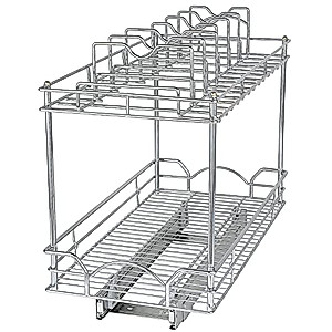 OCG 2 Tier Pull Out Cabinet Organizer for Lid Cookware (11" W x 18" D), Slide Out Kitchen Cabinet Shelves, 2 in 1, Chrome Finish