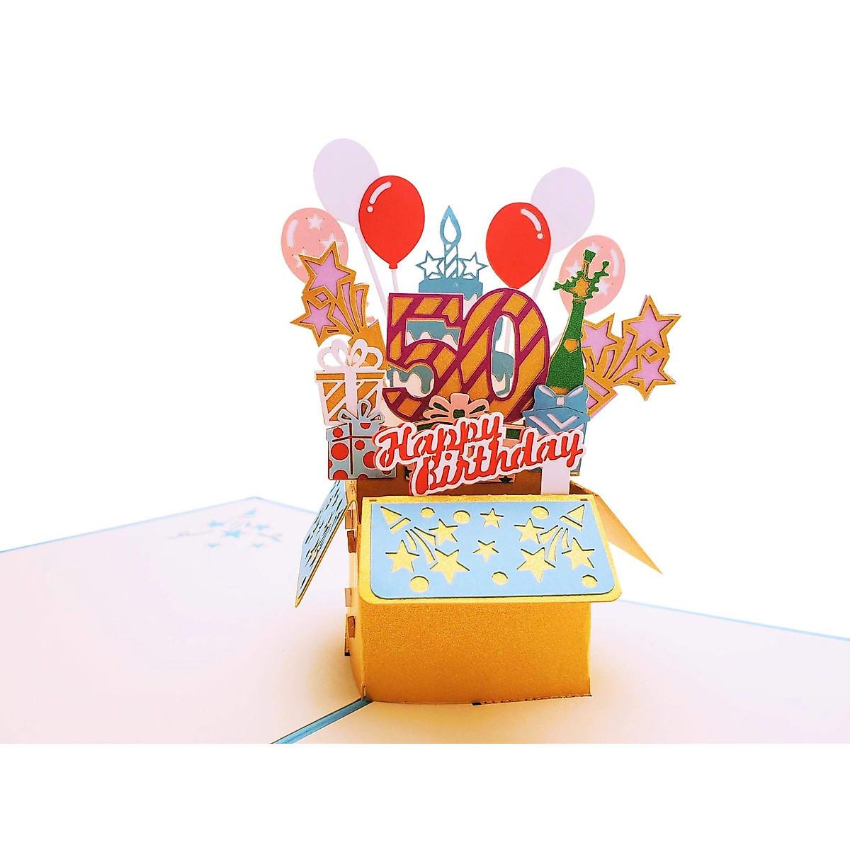 iGifts And Cards Happy 50th Blue Birthday Party Box 3D Pop Up Greeting Card – Fifty, Awesome, Balloons, Presents, Unique, Congrats, Celebration, Feliz Cumpleaños, Fun