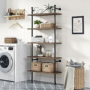 Realyoo Wall Mounted Bookshelf, 5 Tier Industrial Open Vintage Bookcase, Rustic Wood and Metal Book Shelf, Tall Modern Book Case for Office Home Living Room Bedroom - Walnut