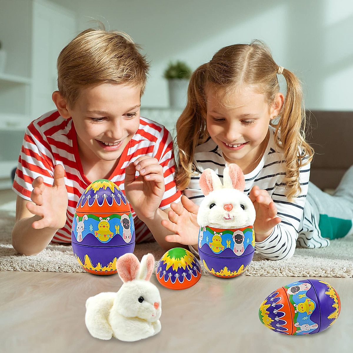 U-PTYTM Bunny Rabbit Stuffed Animals Plush Toys, Metal Eggs Easter Birthday Gifts for Kids Boys Girls, Cuddly & Soft, Bedroom Decorations