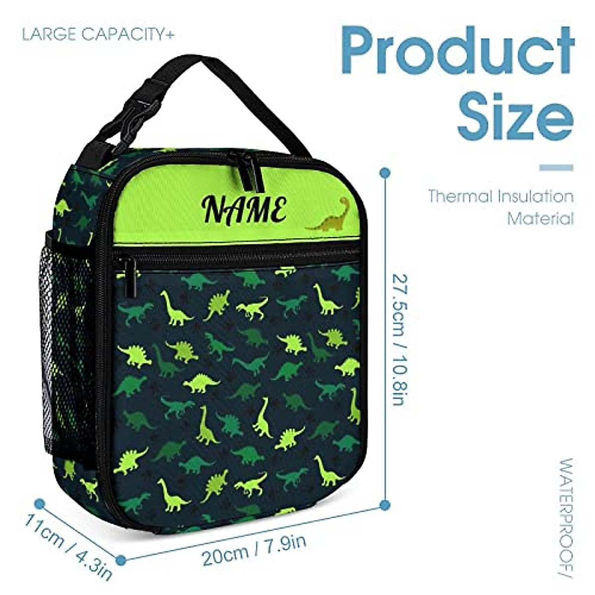 Mrokouay Custom Green Dinosaur School Backpack Set 3 IN 1 Personalized Add Your Name Backpack with Insulated Lunch Bag Pencil Case, Customized Lightweight Kids Bookbag Girls Boys Casual Daypack