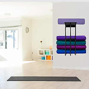 Bagulet Camping Chair Wall Storage for Garage, Metal Rack Organizer with Floating Shelf and 4 Utility Hooks, Stainless Steel Mount Holder System for Umbrella Yoga Mat Folding Beach Seats, Black