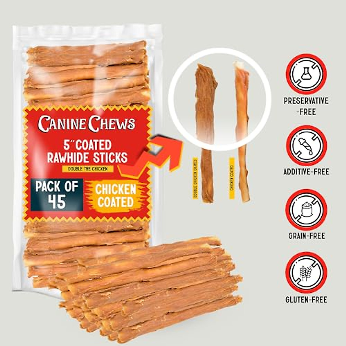 Canine Chews 5" Double Chicken Coated Dog Chew Sticks - 100% USA Chicken Coated Chew Sticks for Dogs - Dog Chicken Treats Rawhide Bones for Small Dogs & Medium Dogs - Chicken Wrapped Dog Treats (45pk)