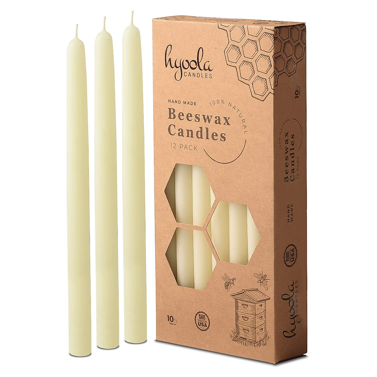 Hyoola 10" Beeswax Taper Candles 12 Pack - Handmade, All Natural, 100% Pure Unscented Bee Wax Candle - Tall, Decorative, White - 10 Hour Burn Time