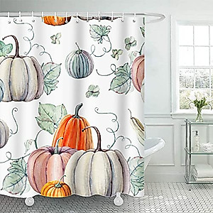 WILLBOND 4 Pcs Fall Shower Curtain Sets with Rugs Thanksgiving Watercolor Pumpkin Set Non Slip Toilet Lid Cover and Bath Mat 72 x Inches Hooks for Bathroom