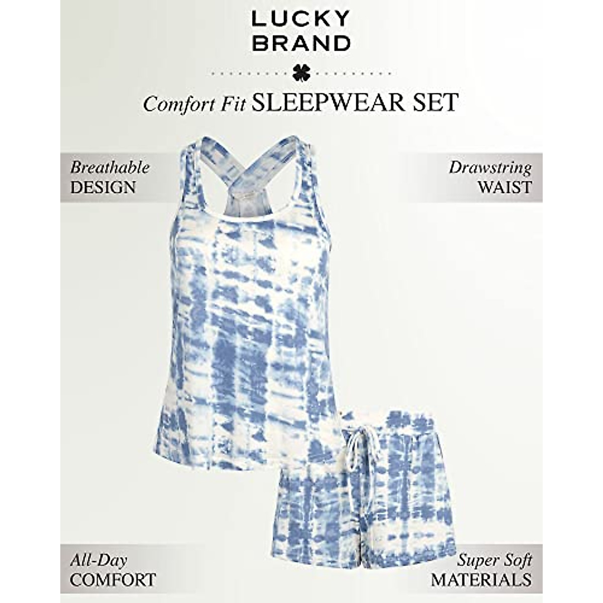 Lucky Brand Women's Pajama Set - 2 Piece Cross Back Tank Top and Sleep Shorts (S-XL), Size Large, Blue Tie Dye