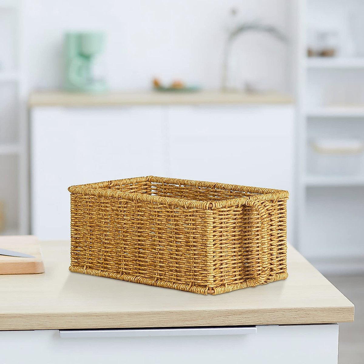 Small Wicker Basket with Handles, Rectangular Baskets for Shelf Organizing, Basket Set of 2