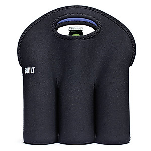 BUILT Six-Pack Soft-Grip Insulated Neoprene Beer Bottle Carrier Tote Black 6P-BLK