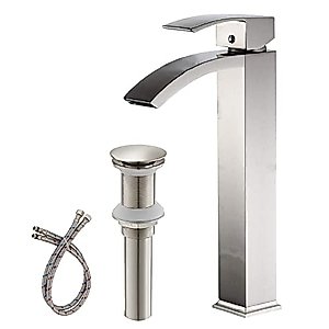 Greenspring Vessel Sink Faucet Brushed Nickel Tall Body Waterfall Spout Single Hole Single Handle Modern Commercial Bathroom Faucet with Pop Up Drain Without Overflow Supply Line Lead-Free