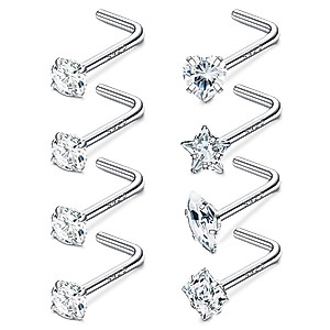MILACOLATO 8Pcs 20G Sterling Silver Nose Rings Studs for Women Men Star Marquise Heart Square Round Shaped CZ Nose Stud L Shape Nose Ring Body Piercing Jewelry
