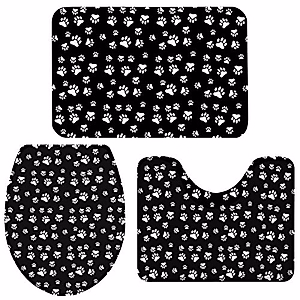 3 Pieces Bath Rugs Sets Cute Cat and Dog Footprint Paws Soft Non-Slip Absorbent Toilet Seat Cover U-Shaped Toilet Mat for Bathroom Decor Black and White