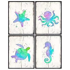 Starfish, Octopus, Sea Turtle, Seahorse Nautical Wall Decor Set - 8x10 Ocean Sea Themed Wall Art Decorations for Girls, Boys, Kids, Toddler Bedroom, Baby Room, Bathroom, Beach House - Gift for Women