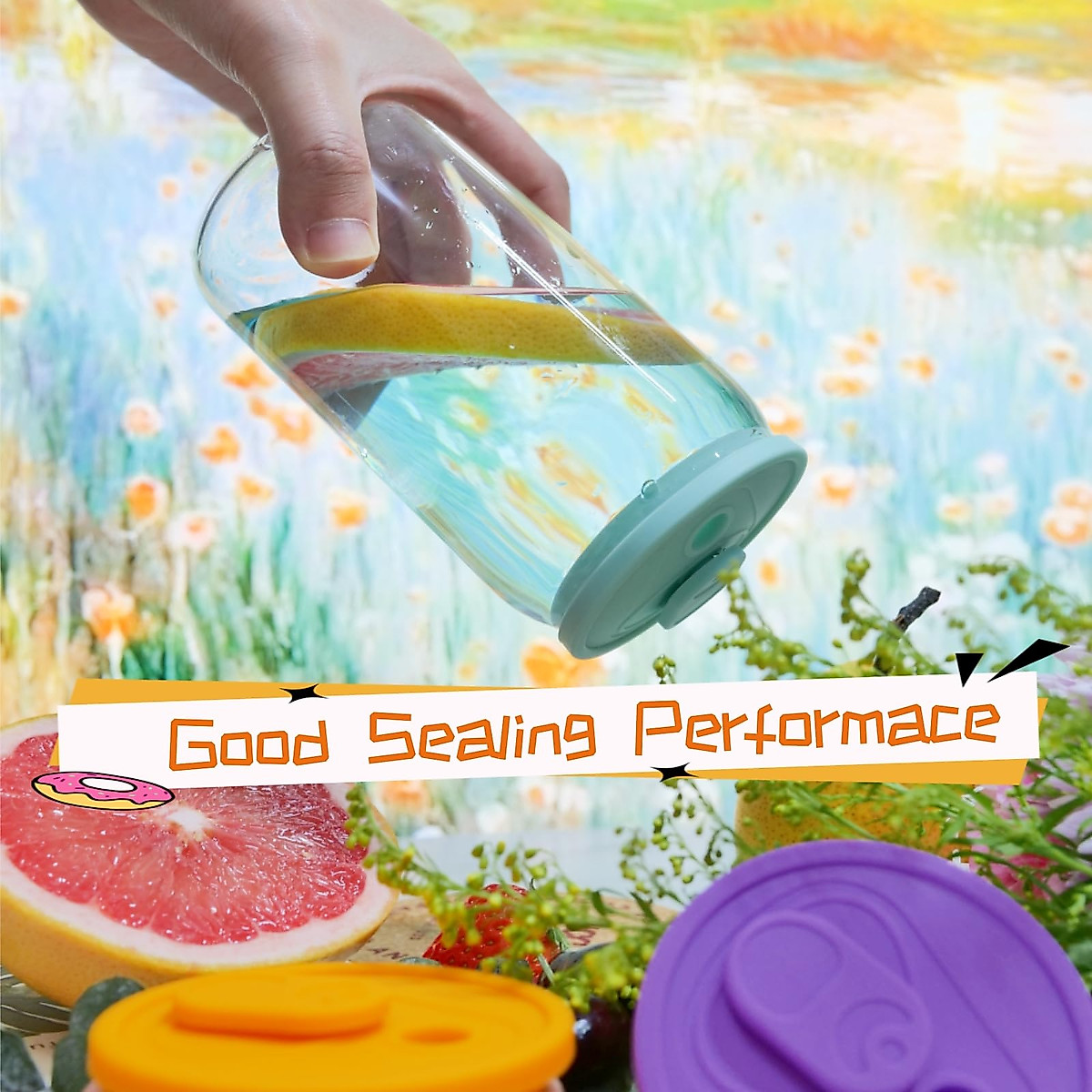 TERESRY 4 Pack Silicone Lids for Glass Cups with Bamboo Lids and Straws, 2.75inch/70mm Silicone Lids for 16OZ Beer Can Cups with Wooden Lids, Replacement Canning Lids for 20OZ 24OZ Glass Cups