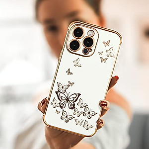ZTOFERA iPhone 14 Pro Max Case, Electroplated Butterfly Gold Edge, Shockproof Slim TPU Bumper, 6.7" White