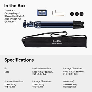 SmallRig AP-02 Lightweight Travel Tripod, 63" Camera Tripod with Compact Unconventional Center Column, 360° Ball Head, QR Plate, Travel Bag, Load up to 17.6 lbs / 8 kg, for Most DSLR Cameras -4222