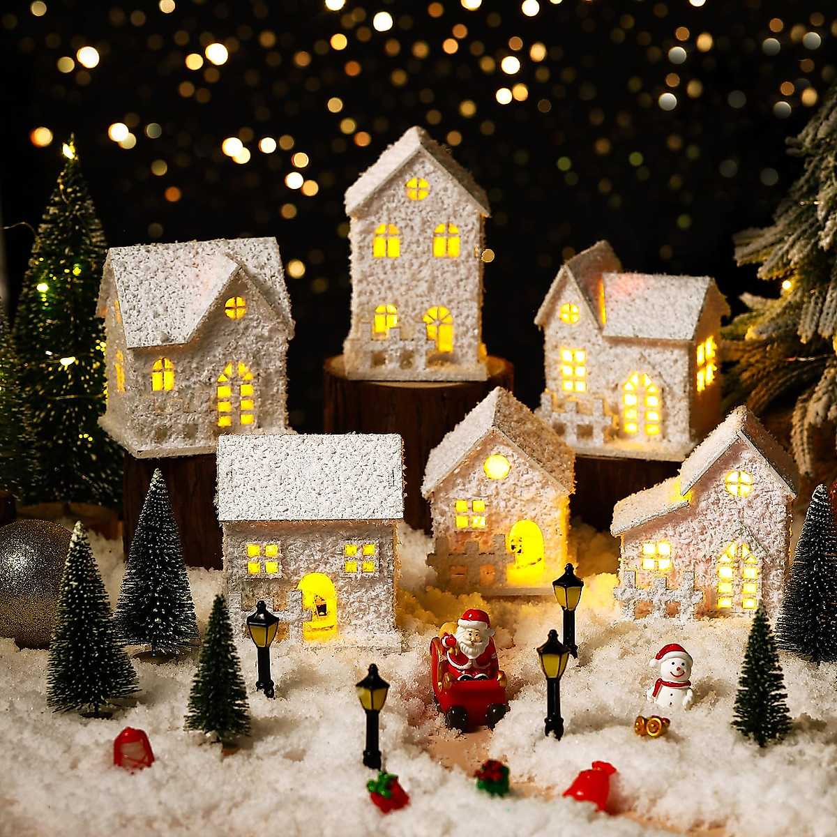 Soaoo 24 Pcs Christmas Village Set Xmas Scene Figurines Decoration LED Lighted DIY Christmas Village Miniature Resin Ornament Kits Christmas Collectable Figurine Winter Houses for Holiday Party Decor
