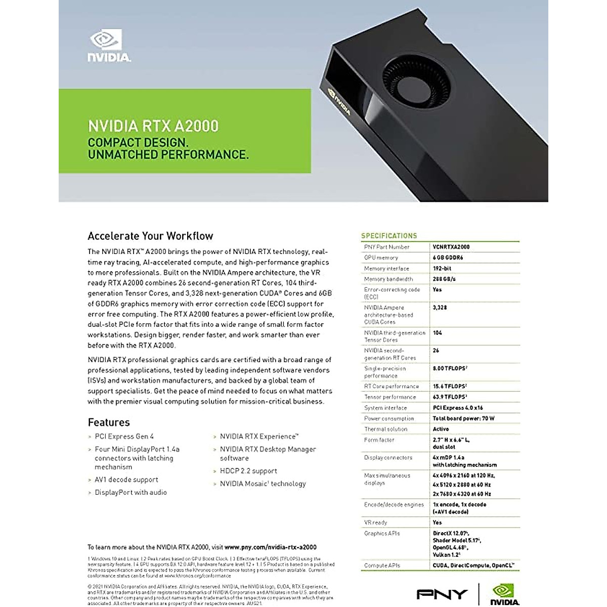 Computer Upgrade King NVIDIA RTX A2000 6GB GDDR6 (~3050) Low Profile LP PCIe Professional Gaming Graphics Card with Full and Half Height Brackets (B-Grade)