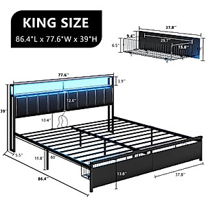 AMERLIFE LED Bed Frame with Drawers, King Platform Bed Frame with 2-Tier Storage & Leather Upholstered & Charging Station Headboard, No Box Spring Needed, Noise Free, Easy Assembly, Black
