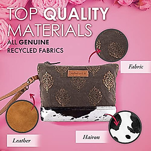 SIXTEASE Women's Fashion Wristlet Small Clutch With Wrist Strap - Vintage Style Zipper Made with Genuine Leather, Upcycled Canvas, Rug, or Hair On - Unique Designs, Hand Stitched - Dimensional