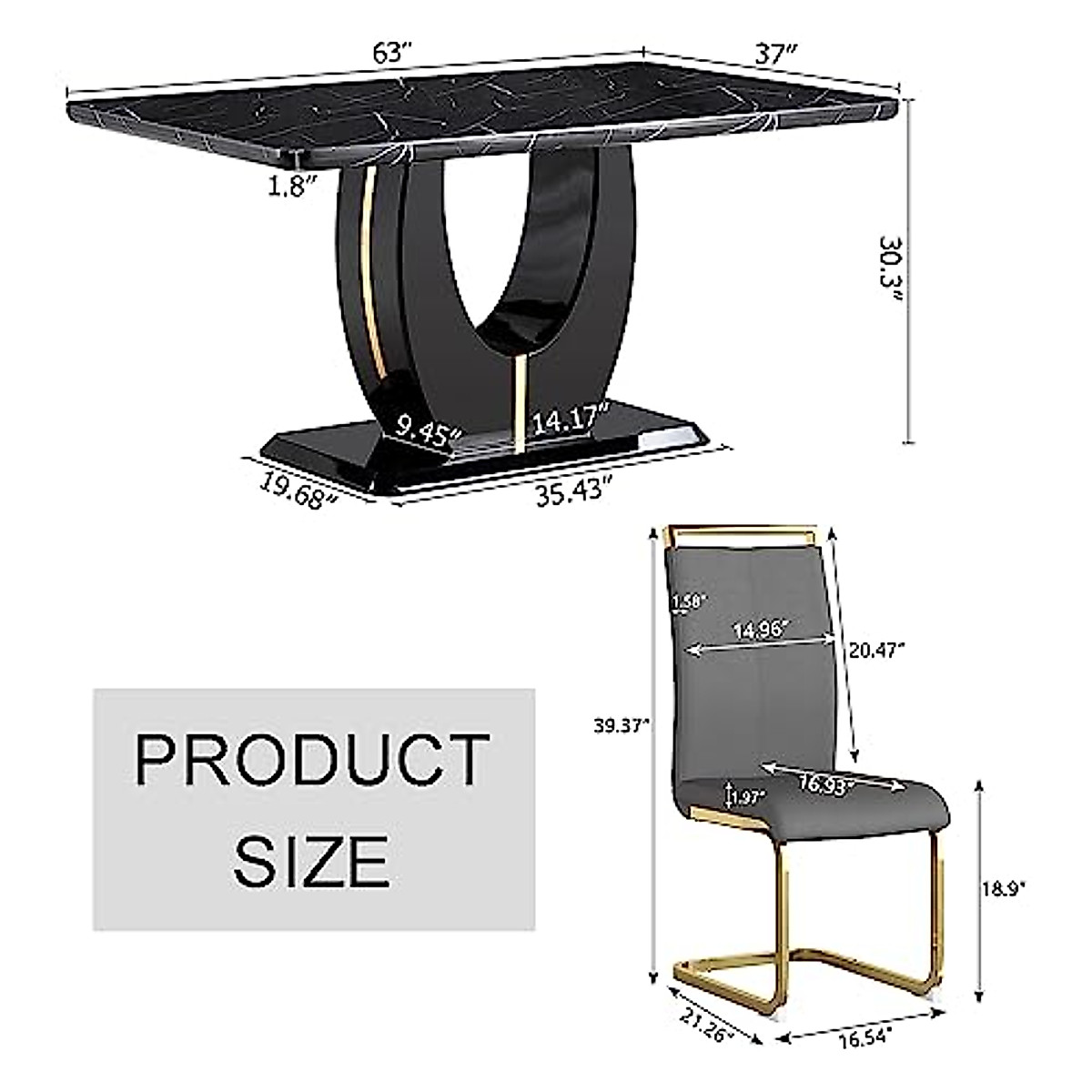 JUFU Modern Dining Table Set for 6,Rectangula Kitchen Table Set with Faux Marble Tabletop＆6 Pu Leather Upholstered Chairs Ideal for Dining Room, Kitchen, Grey-golden Legs