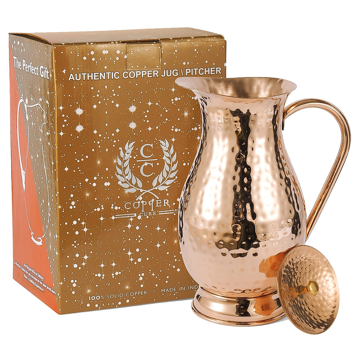 Copper Pitcher with a Lid | Large Size Solid Copper Handcrafted Copper Hammered Jug | Capacity 70 Oz/2000ml | Pure Copper Water Carafe For Home, Hotels & Gifting