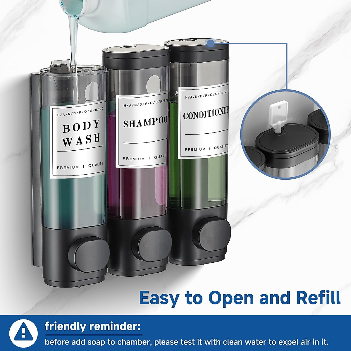 Shower Soap Dispenser Wall Mounted No Drill Shampoo Dispenser for Shower Wall Shampoo and Conditioner Dispenser Bathroom Hotel 3 * 300ml Black with Labels