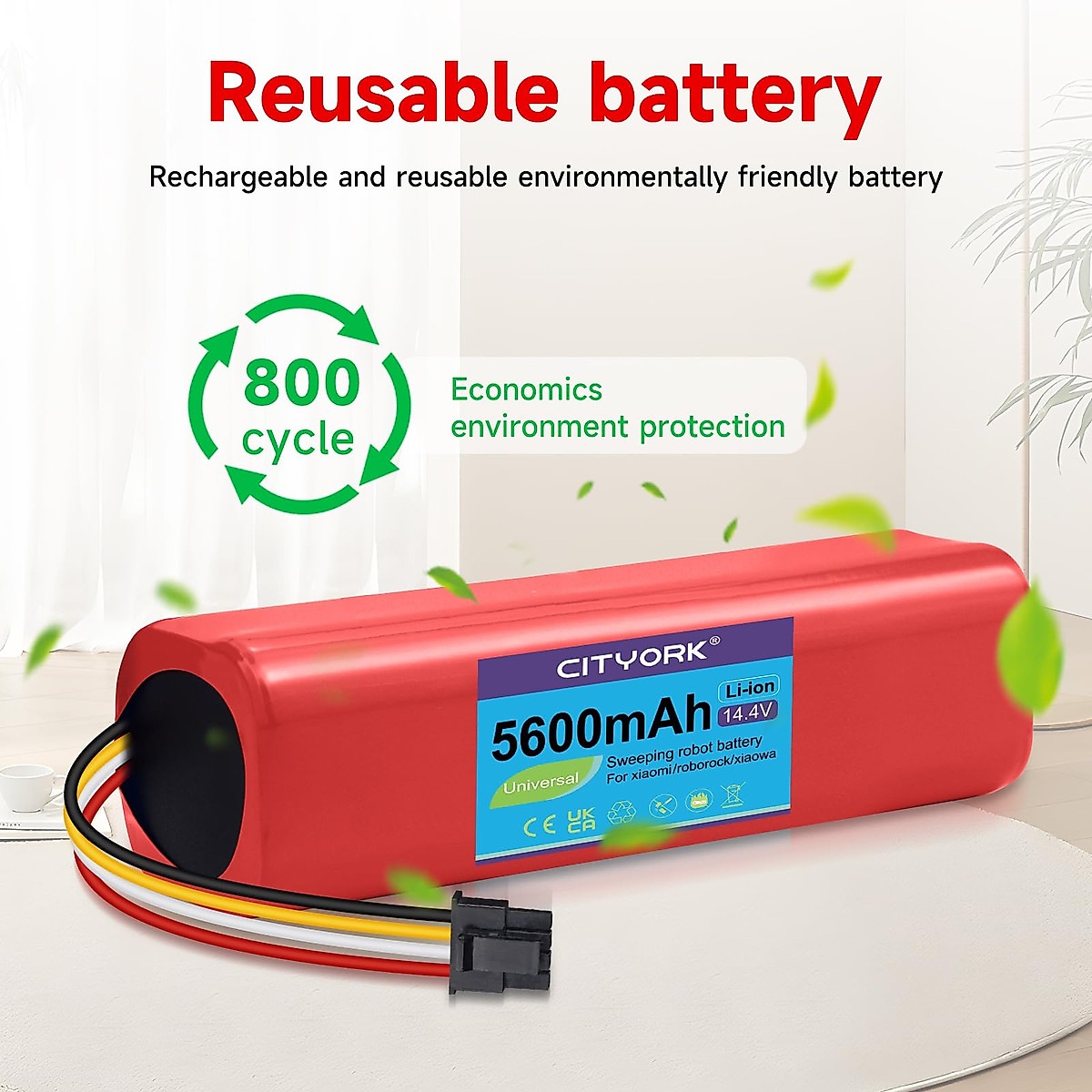 CITYORK Replacement Battery for Xiaomi Roborock S4 S4 Max S5 S5 Max S6 S7 S55 S50 S51 S55, for Xiaowa C10 E25 E20 E35 Vacuum Robot Cleaner, 5600mAh 14.4V