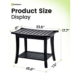 OasisSpace Bamboo Shower Bench with Storage Shelf, 24" Black Shower Stool for Inside Shower Waterproof, Spa Seat Bath Stool Organizer for Shaving Legs, Bathroom Shower Chair for Adults Elderly