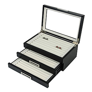 TIMELYBUYS Black Ebony Wood Cufflink Case & Ring Storage Organizer with Stainless Steel Engravable Design Accent Men's Jewelry Box for 108 Cufflinks