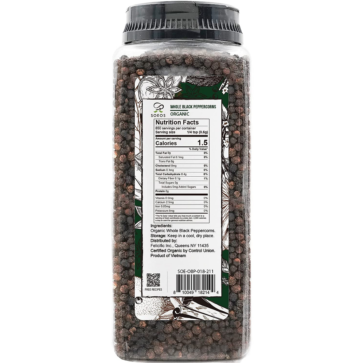 Soeos Organic Black Peppercorns, 18oz (Pack of 1), Non-GMO, Kosher, Packed to Keep Peppers Fresh, Peppercorn for Grinder Refill, Whole Peppercorns
