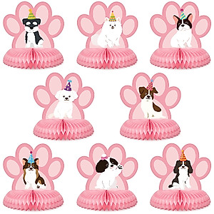 Ferraycle 8 Pcs Dog Themed Party Table Decorations Pink Dog 3D Honeycomb Centerpieces Dog Birthday Party Supplies Dog Centerpieces Decorations for Puppy Paw Print Birthday Supplies Baby Shower