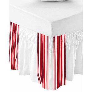 Stripes Red White Bed Skirt King Size 16 Inch Drop,Adjustable & Elastic Wrap Around Bed Skirts Pleated Luxury Dust Ruffles for Twin Full Queen Cal King Bed,Classic Casual Bohemian Geometric Art Decor