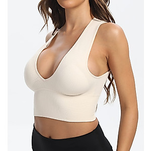 Venbond Women's Sexy Sleeveless Seamless Crop Top Deep Plunge V Neck Ribbed Tank Top with Removable Pads (Light Nude, M)