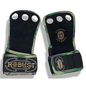 ROBUST FITNESS Genuine Leather Hand Grips for Gymnastics & Cross-Training, Pull-ups, Weightlifting, WODs with Neoprene Wrist warps. Palm Shield from Rips & Blisters. (Camouflage, Medium)