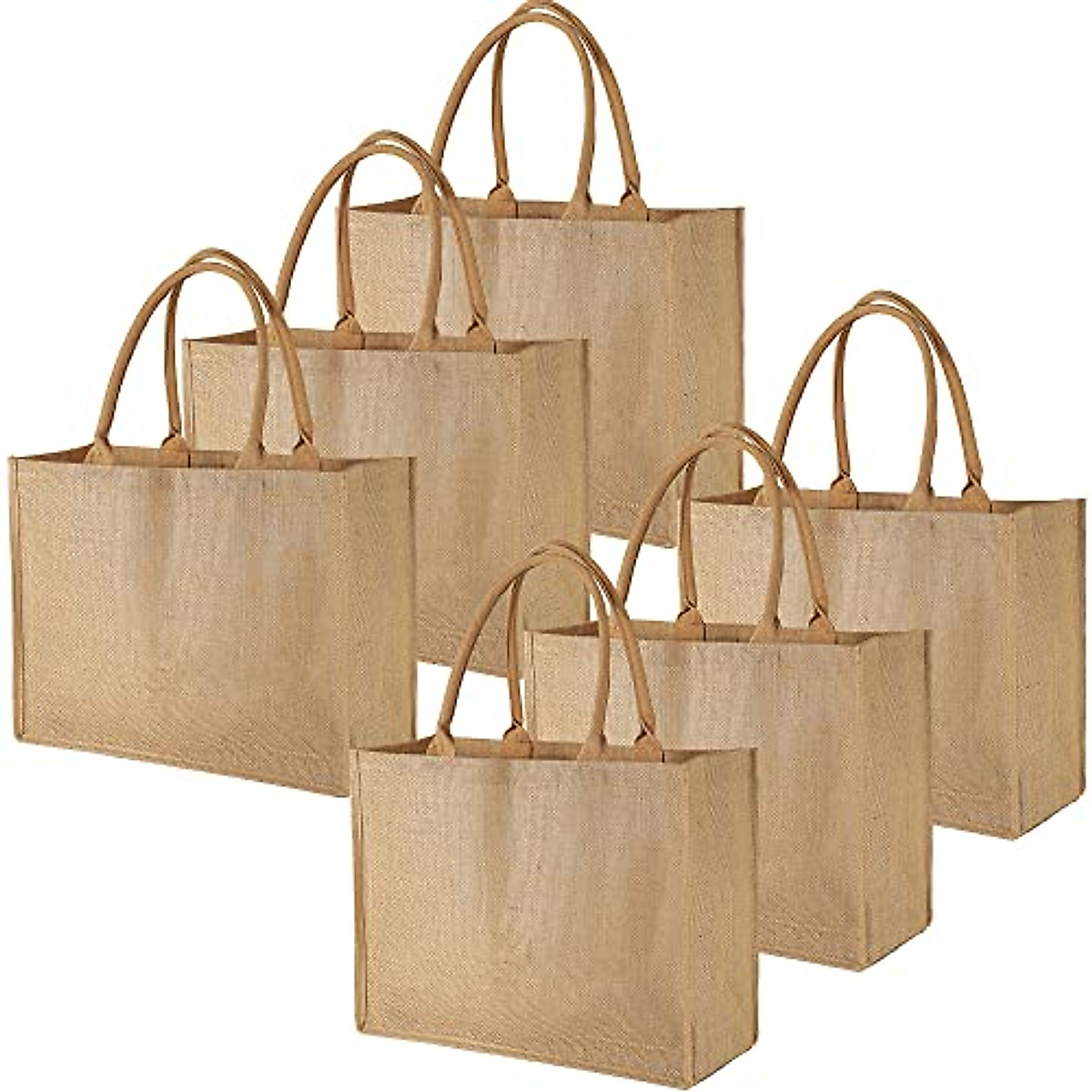 BeeGreen 6 Pack Burlap Tote Bags Bulk Laminated Interior W16.5“×H13”×D7.25“ X-Large Jute Tote Beach Bags w Inner Zipper Pocket & Handles for Mother's Day Teacher Bridesmaid Wedding Gift Bags for DIY