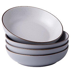 AmorArc 8.5'' Stoneware Pasta Bowls, 32oz Large Speckled Bowls Set of 4 for Kitchen, Wide & Flat Bowls for Pasta,Salad,Oatmeal, Microwave&Dishwasher Safe, Matte Gray
