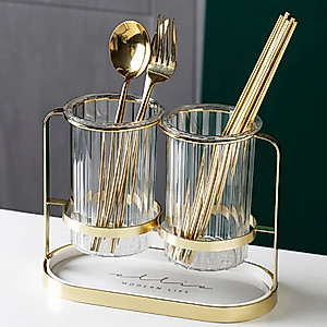 Kitchen Utensil Caddy, Plastic Draining Chopstick Cage Silverware Caddy for Party, Utensil Holder Flatware Caddy Cutlery Storage Organizer for Kitchen Decor and Countertop, Gold & White