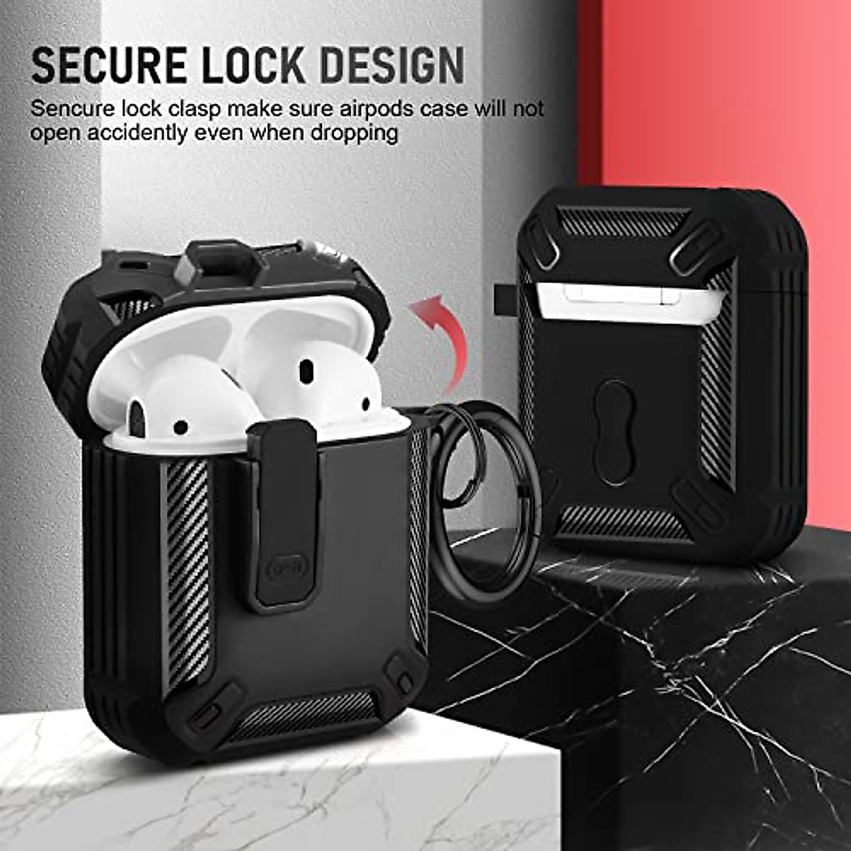 Youskin Airpod 1st Generation Case Secure Lock Clip Case,Carbon Fiber Airpod 1&2 Case Military Armor Series Full-Body Rugged Hard Shell Airpod 2nd Generation Case for Men Women with Keychain,Black