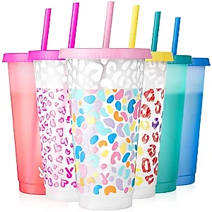 Meoky Plastic Cups with Lids and Straws - 6 Pack 24 oz Color Changing Cups, Iced Coffee Cups, Reusable Tumblers Bulk for Party, Car, Adults, Women, BPA-free (Solid & Patterned)