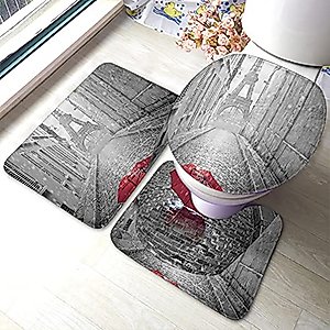 WONDERTIFY Red Umbrella Eiffel Tower Bathroom Antiskid Pad Paris France Rainy Street 3 Pieces Bathroom Rugs Set, Bath Mat+Contour+Toilet Lid Cover Black White