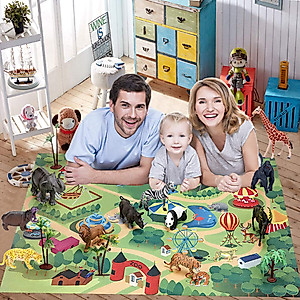 BOLZRA Safari Animals Figurines Toys with Activity Play Mat & Trees, Realistic Plastic Jungle Wild Zoo Animals Figures Playset with Elephant, Giraffe, Lion, Gorilla for Kids, Boys & Girls, 22 Piece