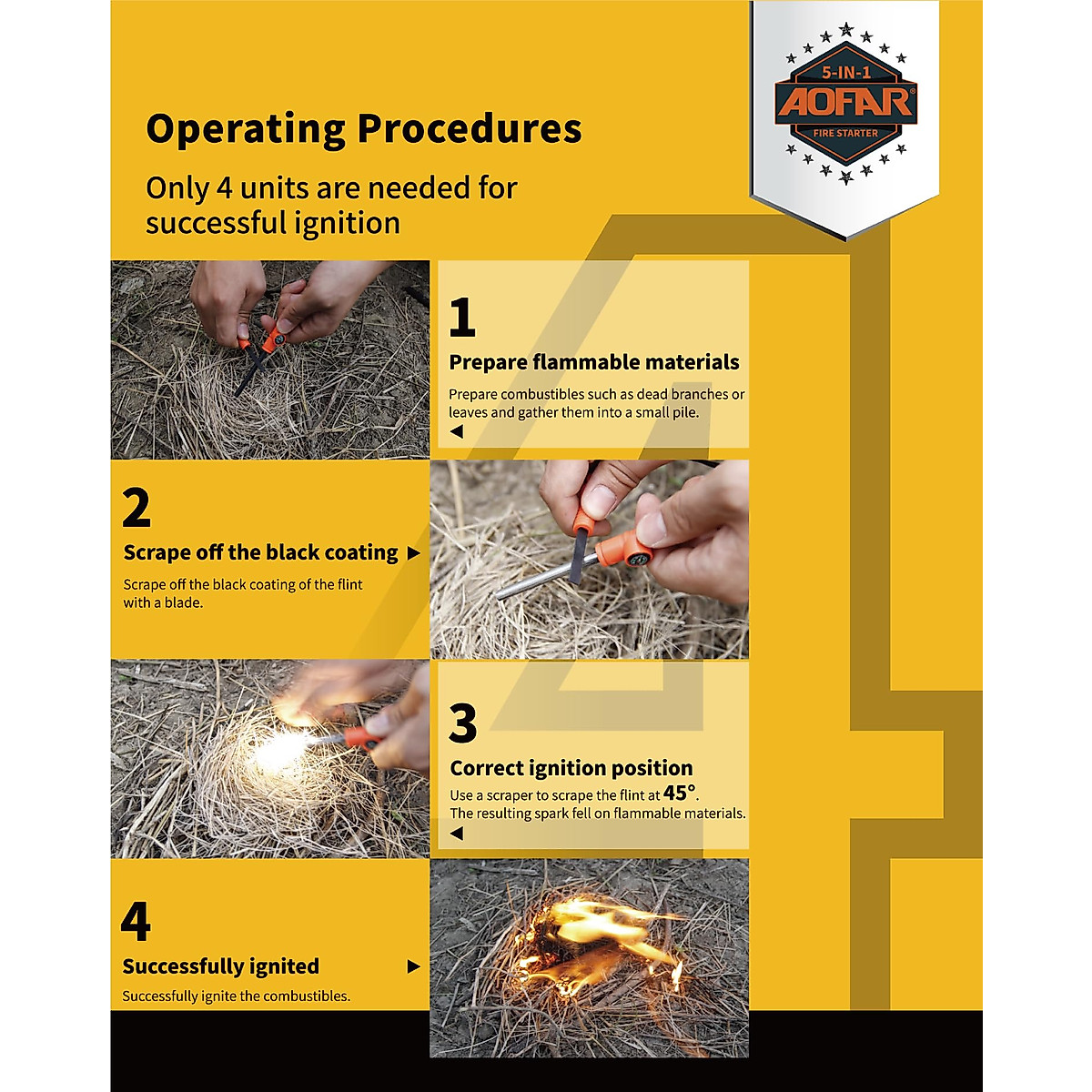 AOFAR Fire Starter AF-381 Fire Steel 5-in-1 for Camping, Hiking, Hunting, Backpacking, Boating, Outdoor Magnesium Survival Rod with Fire Paracord, Compass and Whistle, Waterproof (2-Pack)…