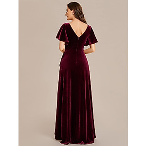 Ever-Pretty Women's Velvet Dress Wrap V Neck High Waist Ruffle Sleeve Church Wedding Guest Party Dresses Burgundy US14