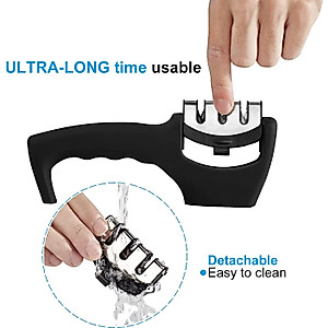 Daailoktau 3-in-1 Knife Sharpener, 3 Stage Manual Sharpener for Sharpening Kitchen Knives - Ceramic Stone, Tungsten Carbide Plates, Diamond rods. Ergonomic Design, Black/Chrome Finish