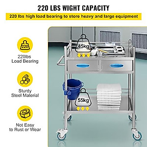 VEVOR Lab Serving Cart, 2 Layers Stainless Steel Utility Rolling Cart, Medical Cart with Two Drawers, Dental Utility Cart with Lockable Wheels and A Bucket, for Laboratory, Hospital, Dental Use