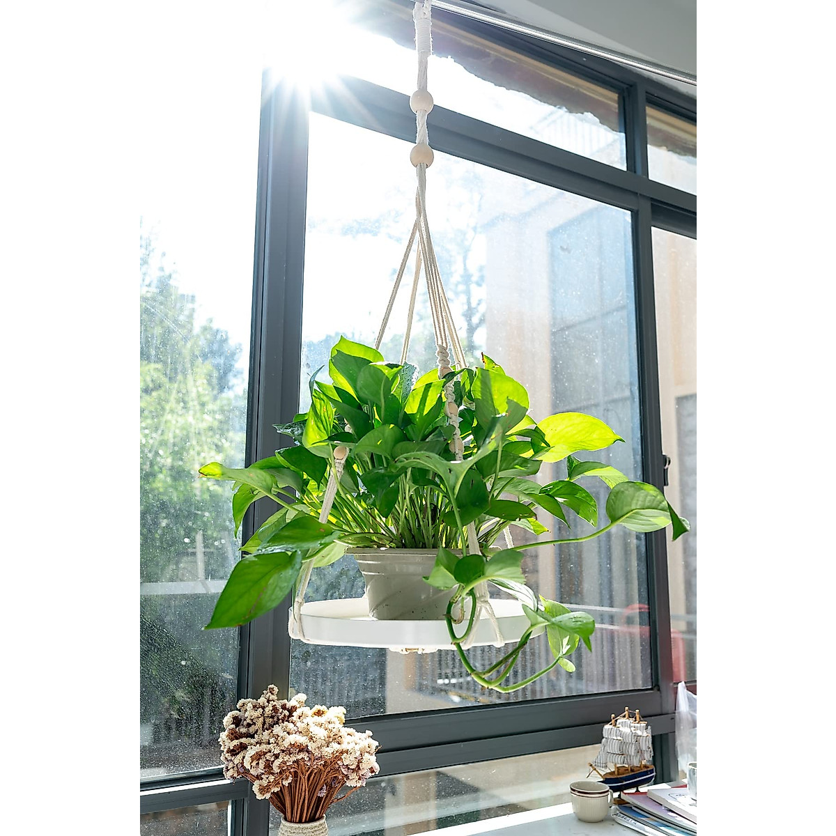 UL Source Macrame Planter Hanger with Large Tray 100% Handmade Wall Hanging Plants Bracket for Indoor Plants Home Decor Gift