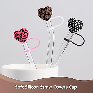3Pcs Leopard Print Heart Silicone Straw Cover Cap for Stanley 40oz & 30oz Tumbler, 10mm Reusable Cute Drinking Straw Topper Accessories